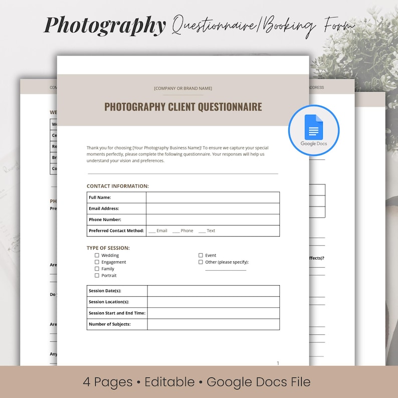 Photography Questionnaire Google Docs Template for Photographer Booking ...