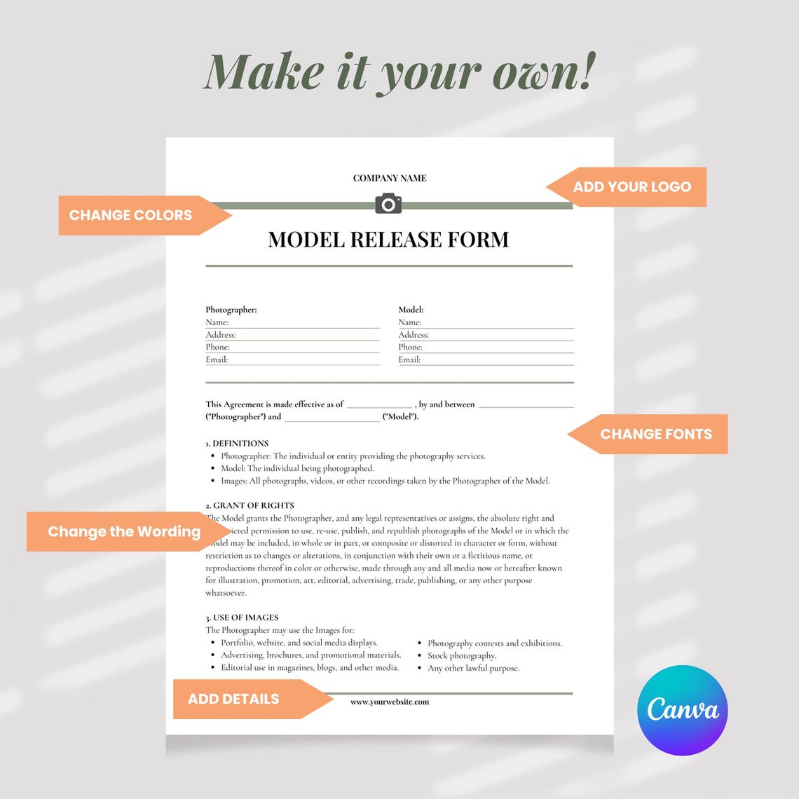 Model Release Form Template, Minor Model Release Contract Canva Editable, Printable Photography ...