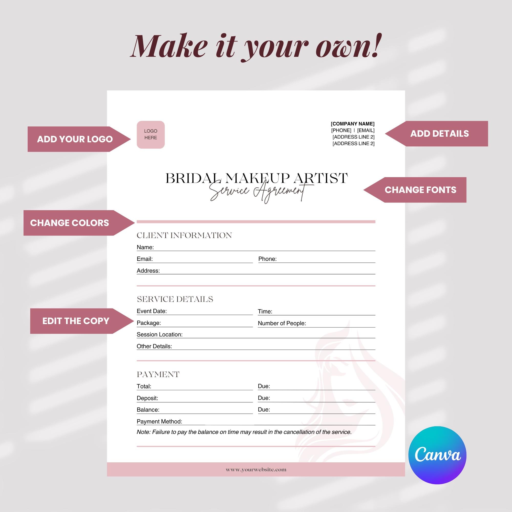 Bridal Makeup Contract Template Canva, Wedding Makeup Artist Service Agreement, Bridal Make up ...