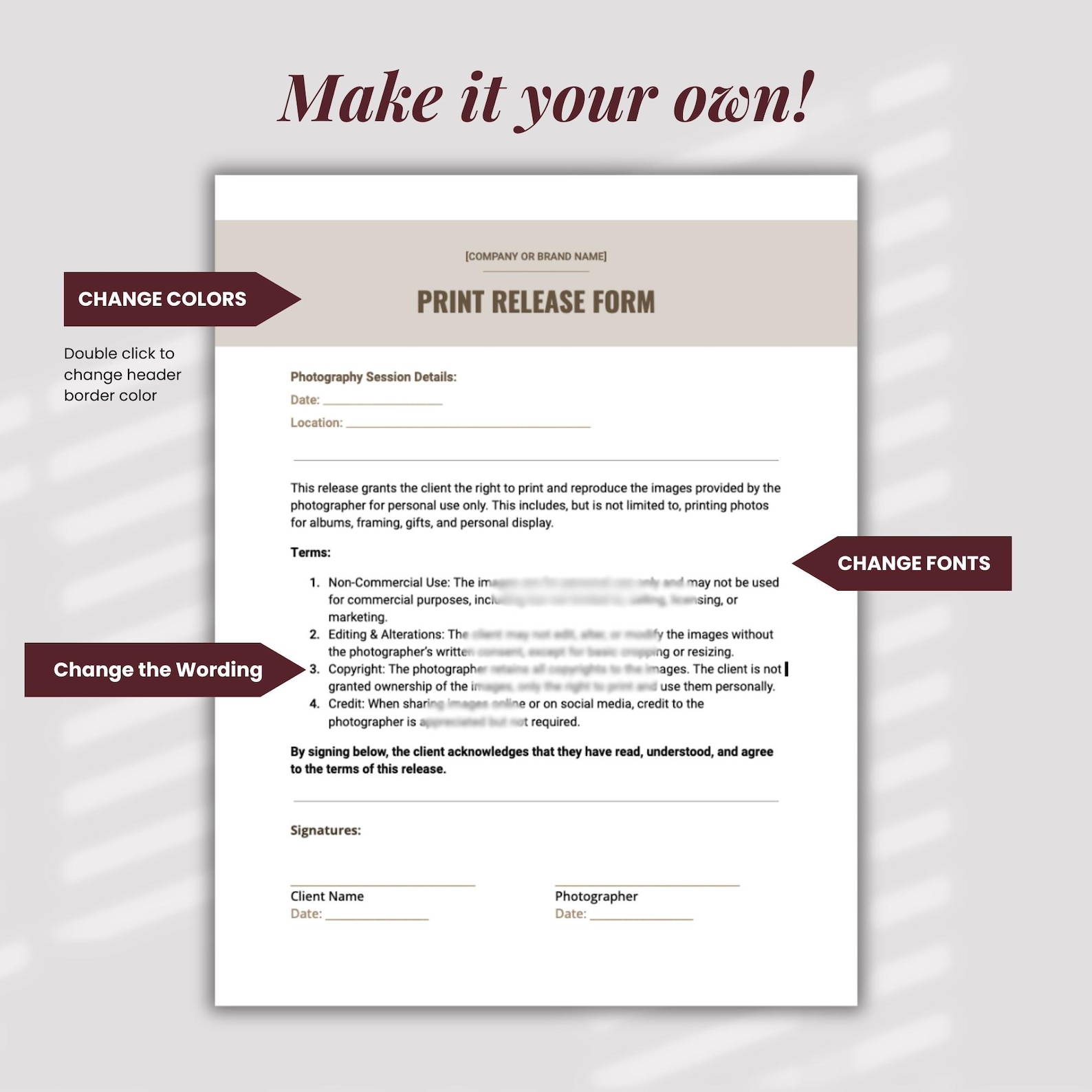 Print Release Form Template Google Docs Photography Contract Editable ...