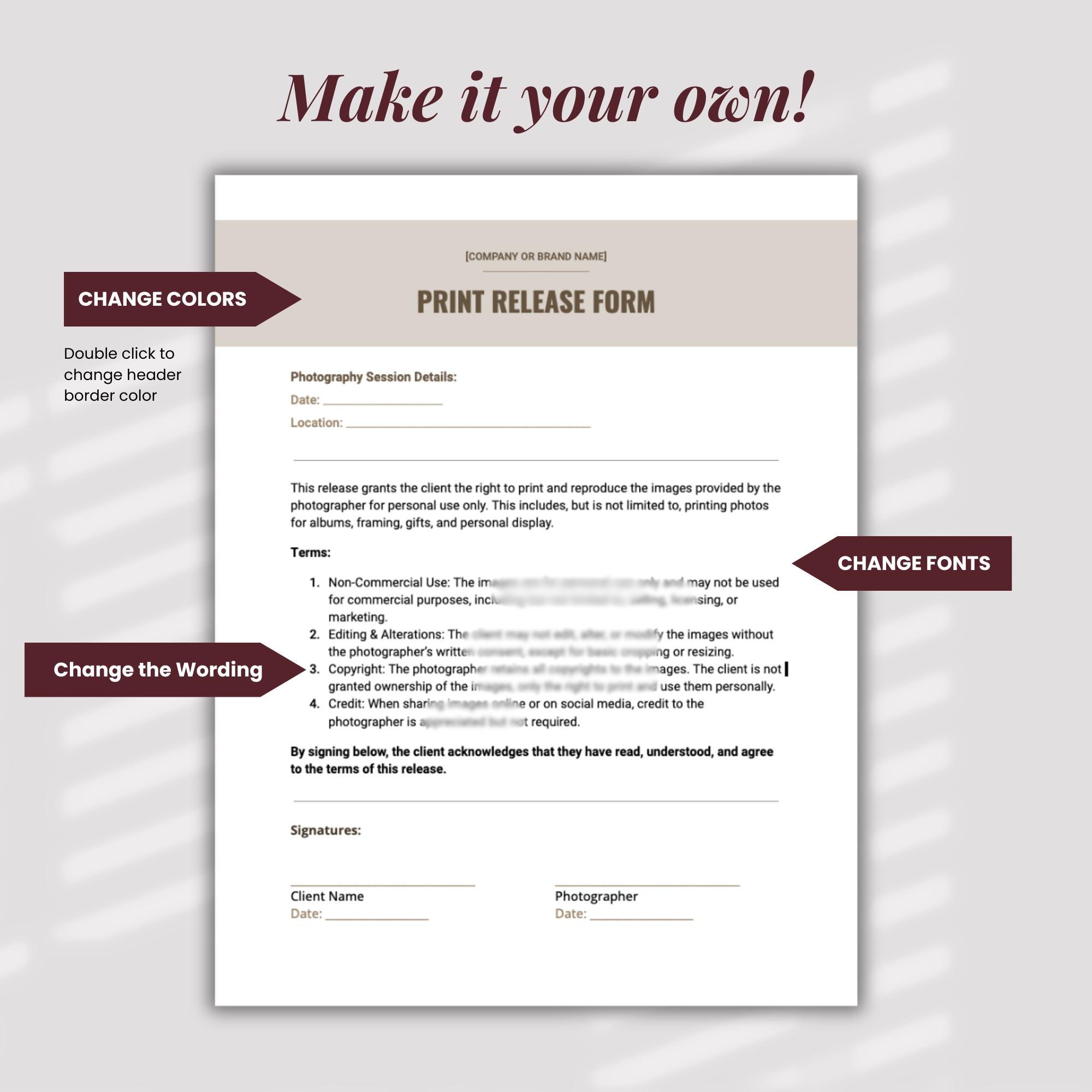 Print Release Form Template Google Docs Photography Contract Editable ...