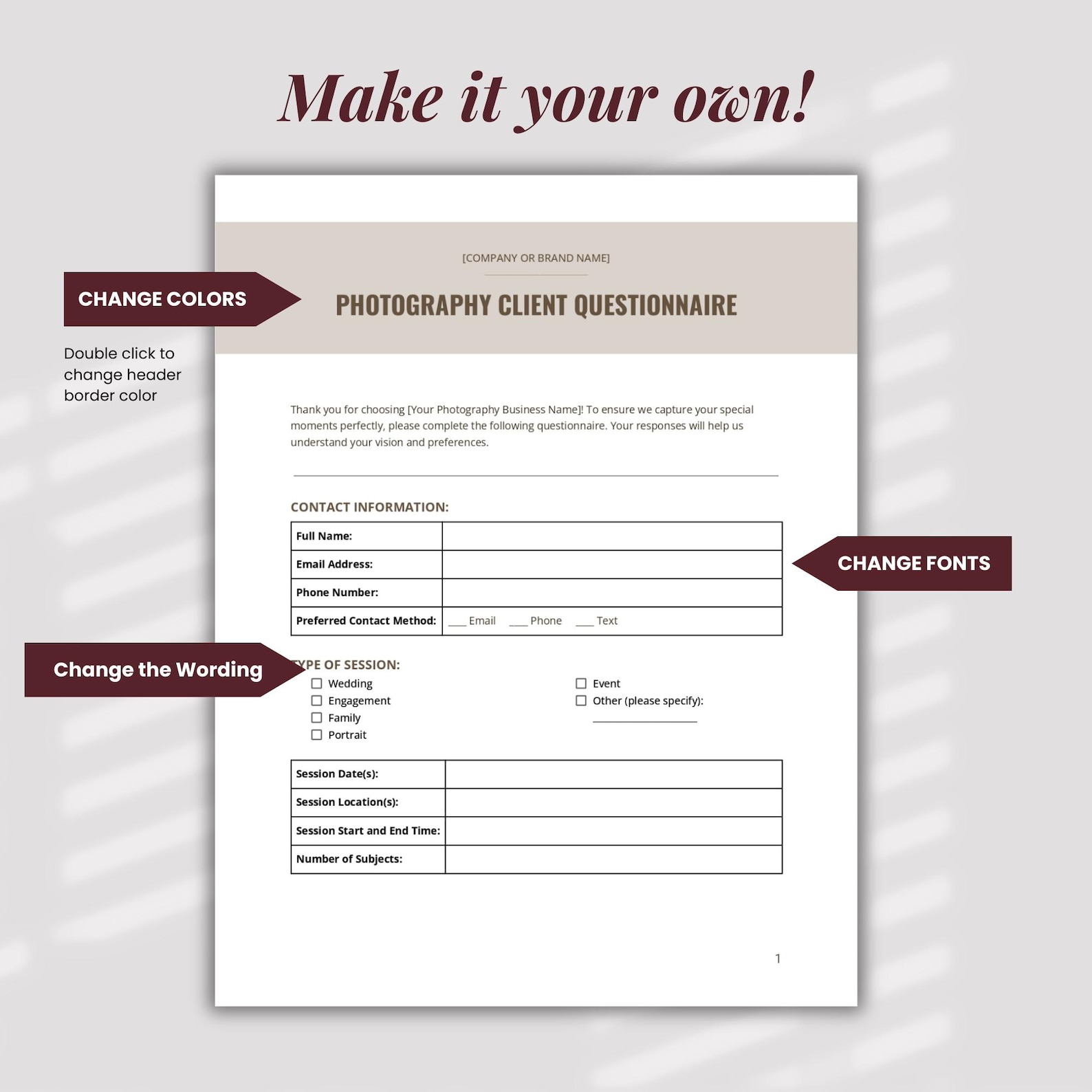 Photography Questionnaire Google Docs Template for Photographer Booking ...