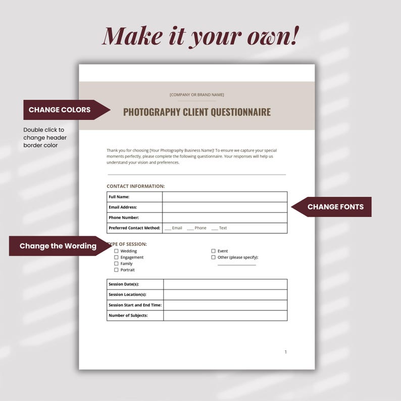 Photography Questionnaire Google Docs Template for Photographer Booking ...