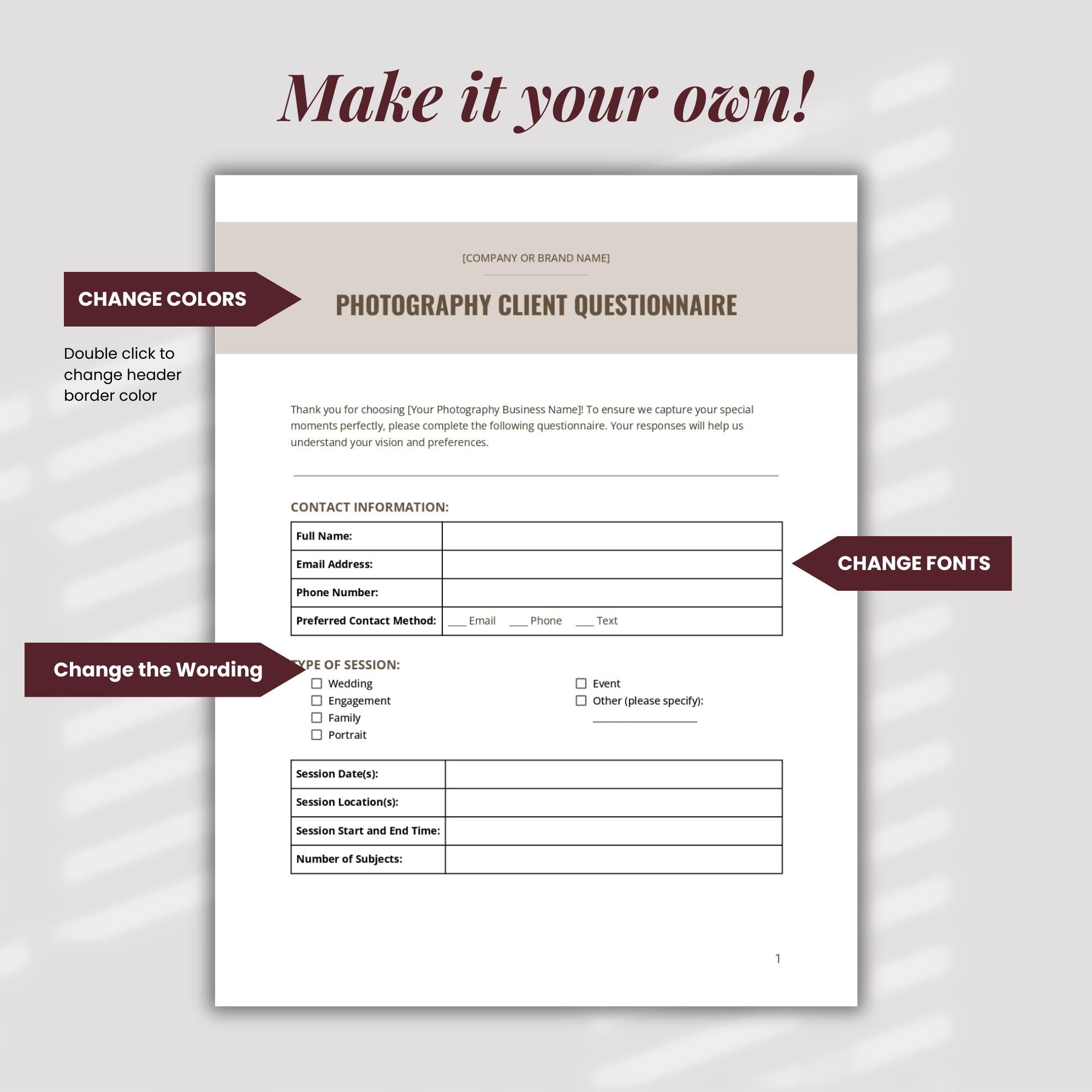 Photography Questionnaire Google Docs Template for Photographer Booking ...