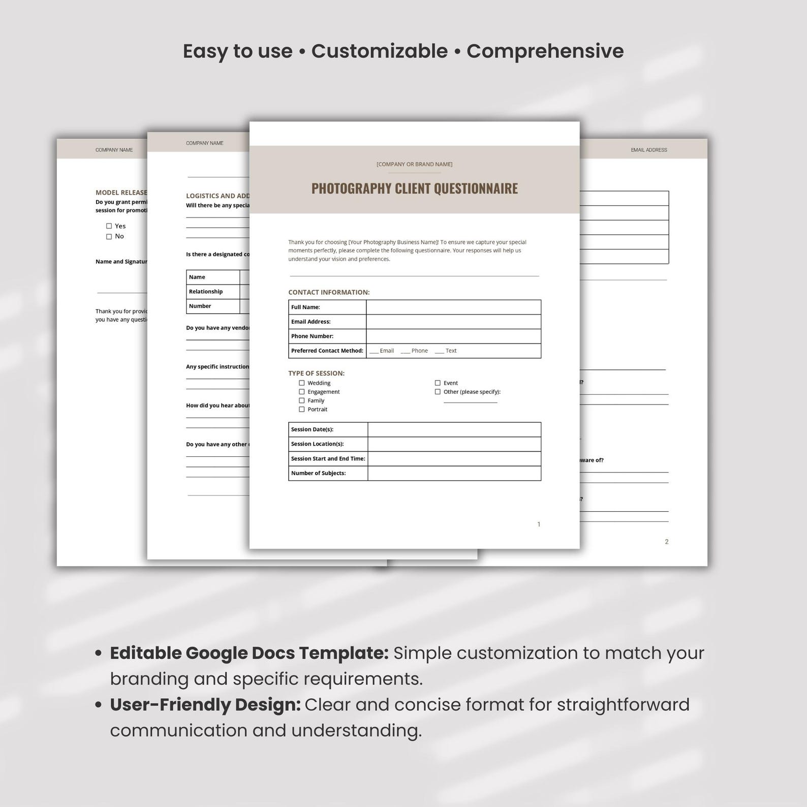 Photography Questionnaire Google Docs Template for Photographer Booking ...