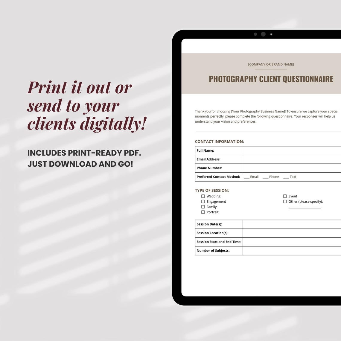 Photography Questionnaire Google Docs Template for Photographer Booking ...