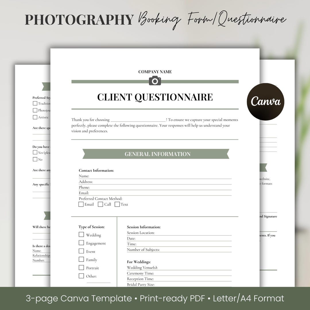 Photography Booking Form Template for Photography Questionnaire Canva ...