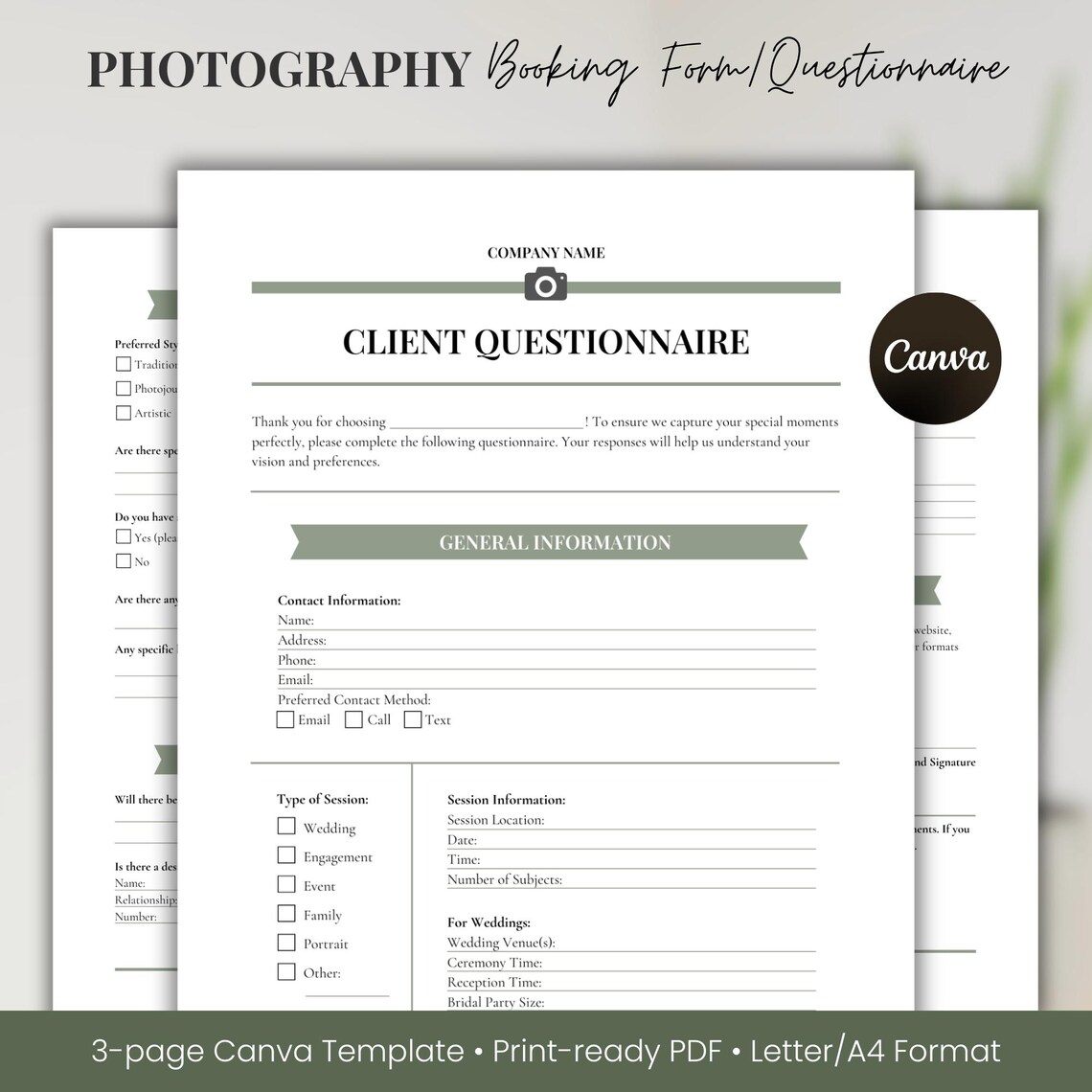 Photography Booking Form Template for Photography Questionnaire Canva ...