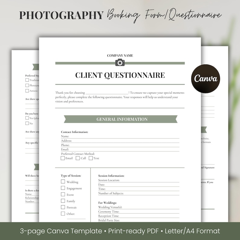 Photography Booking Form Template for Photography Questionnaire Canva ...