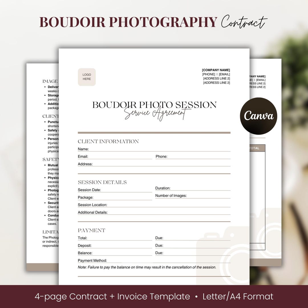 Boudoir Photography Contract Template Canva, Boudoir Photo Session ...
