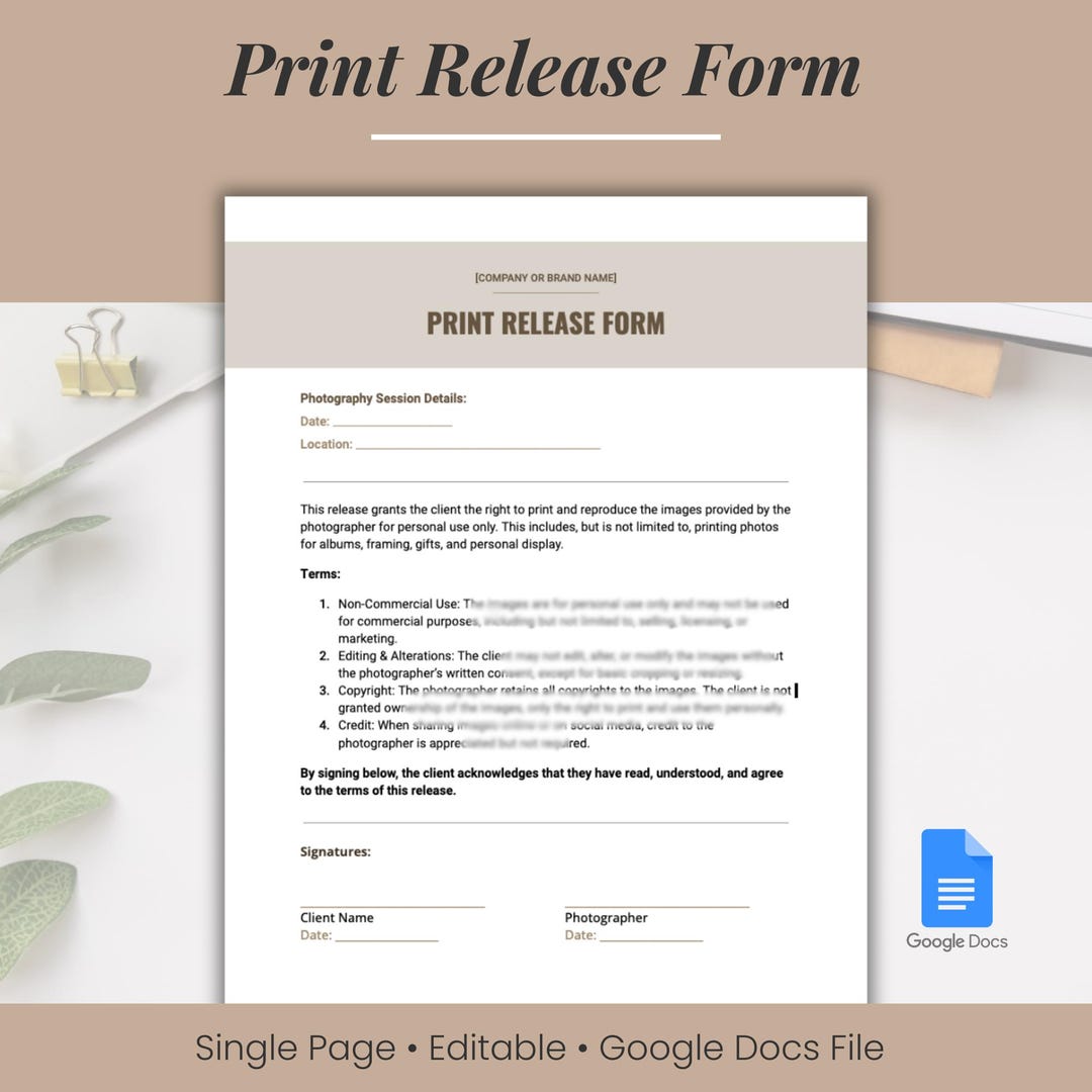 Print Release Form Template Google Docs Photography Contract Editable ...