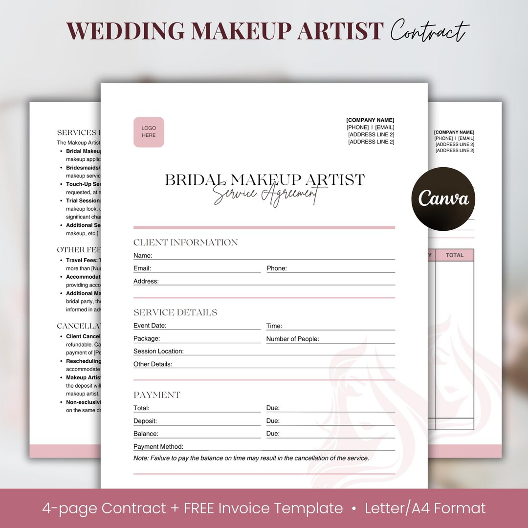 Bridal Makeup Contract Template Canva, Wedding Makeup Artist Service ...