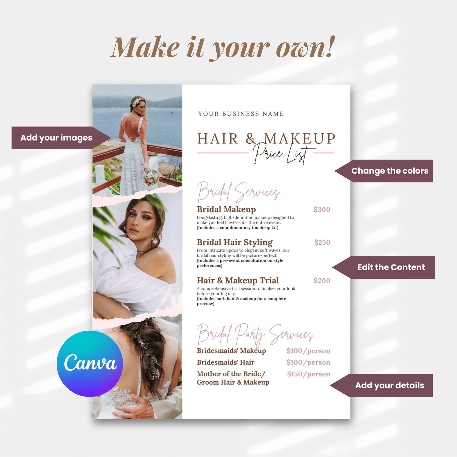 Bridal Hair and Makeup Pricing Guide Template Canva, Wedding Hair and ...