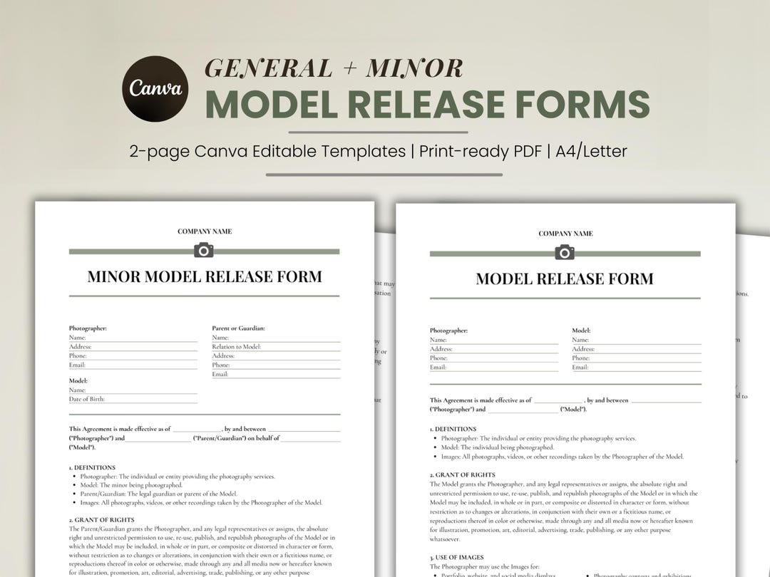 Model Release Form Template, Minor Model Release Contract Canva Editable, Printable Photography ...