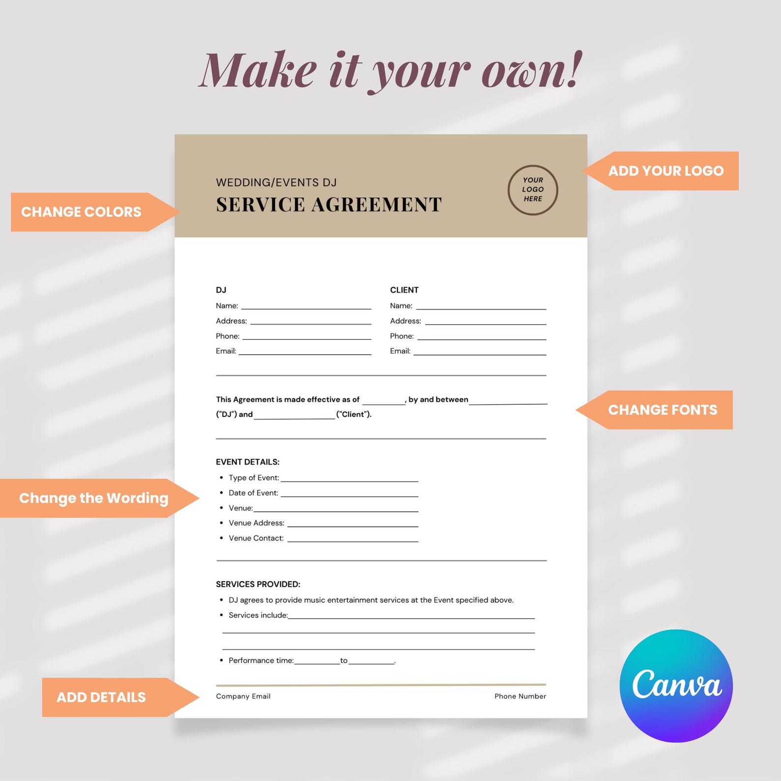 Wedding DJ Contract Template for Event DJ Contract Disc Jockey Service Agreement Editable ...