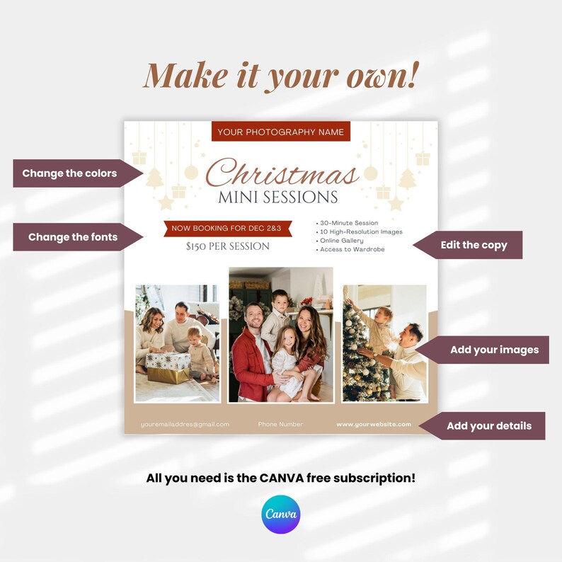Christmas Mini Sessions Template Canva Xmas Photo Shoot Template for ...