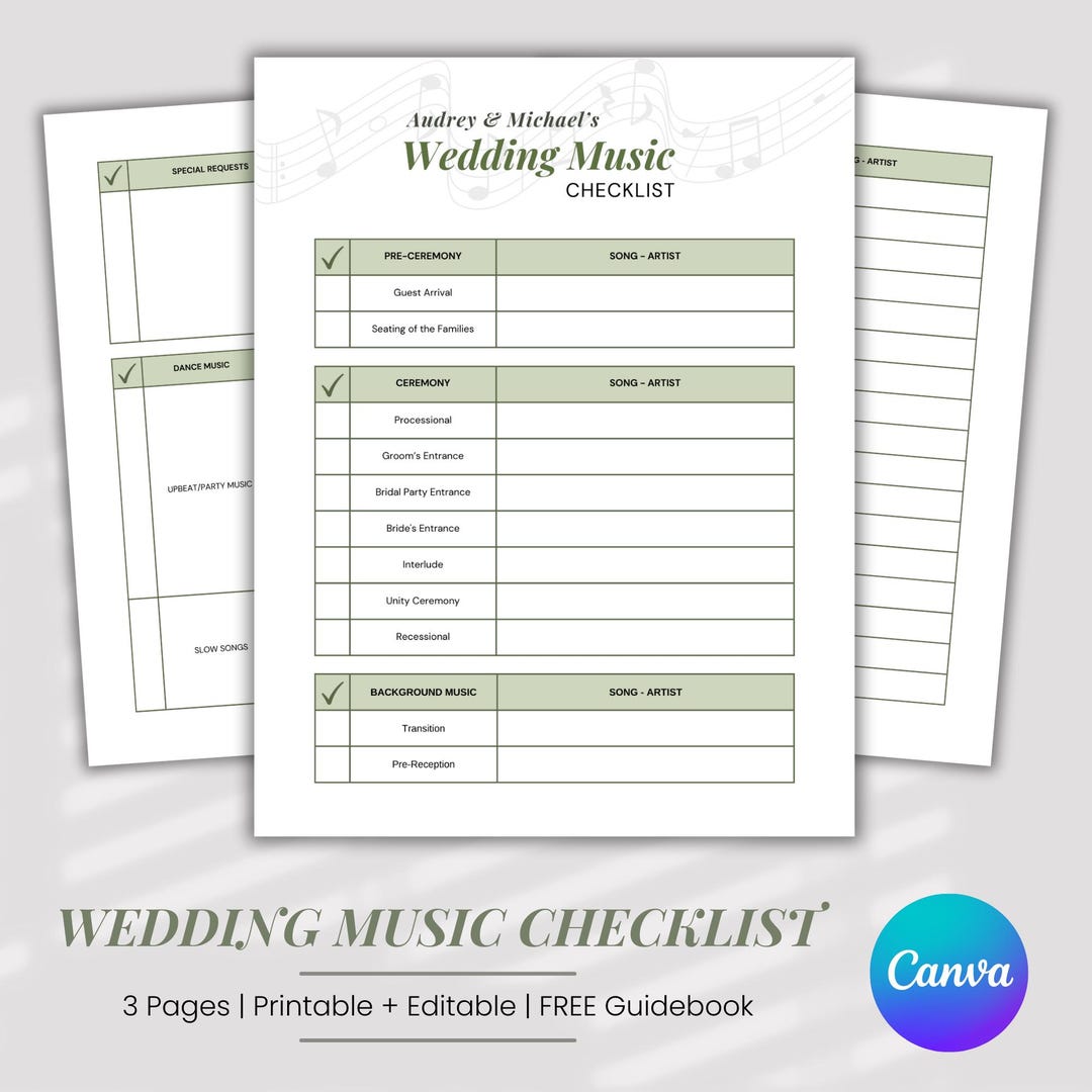 Wedding Music Checklist Template for Wedding Song List Canva Printable ...