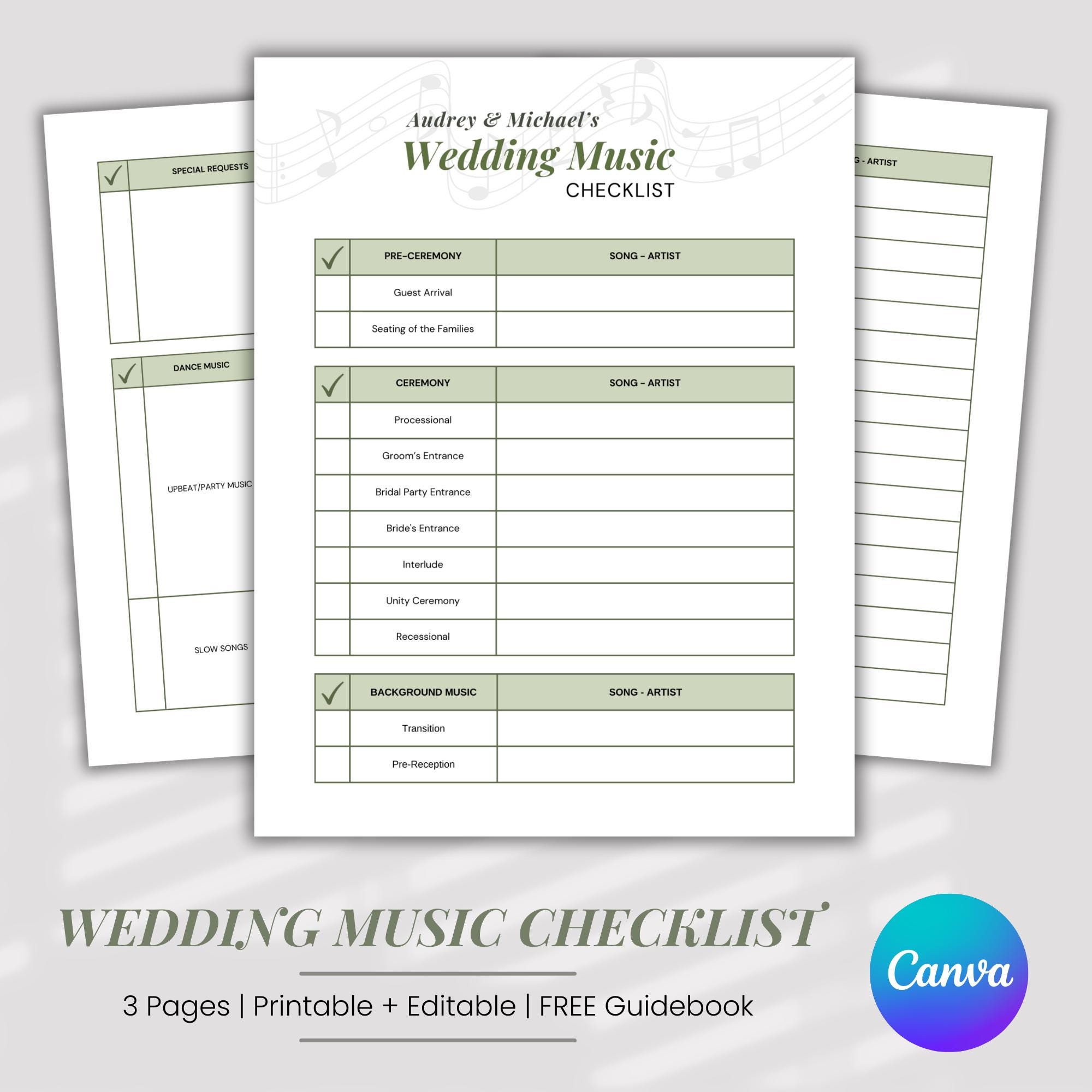 Wedding Music Checklist Template for Wedding Song List Canva Printable ...