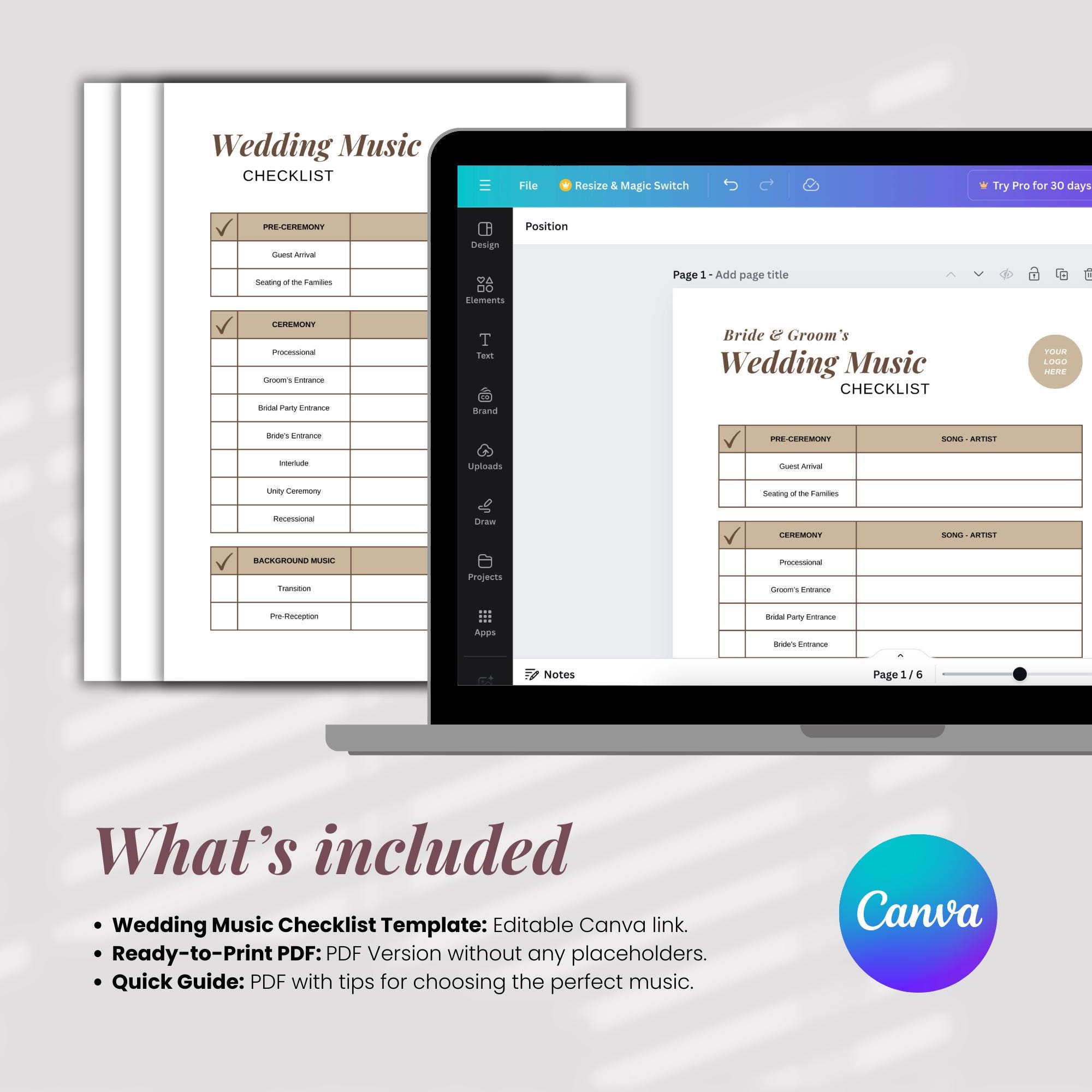 Wedding Music Checklist Template for Wedding Song List Canva Printable ...