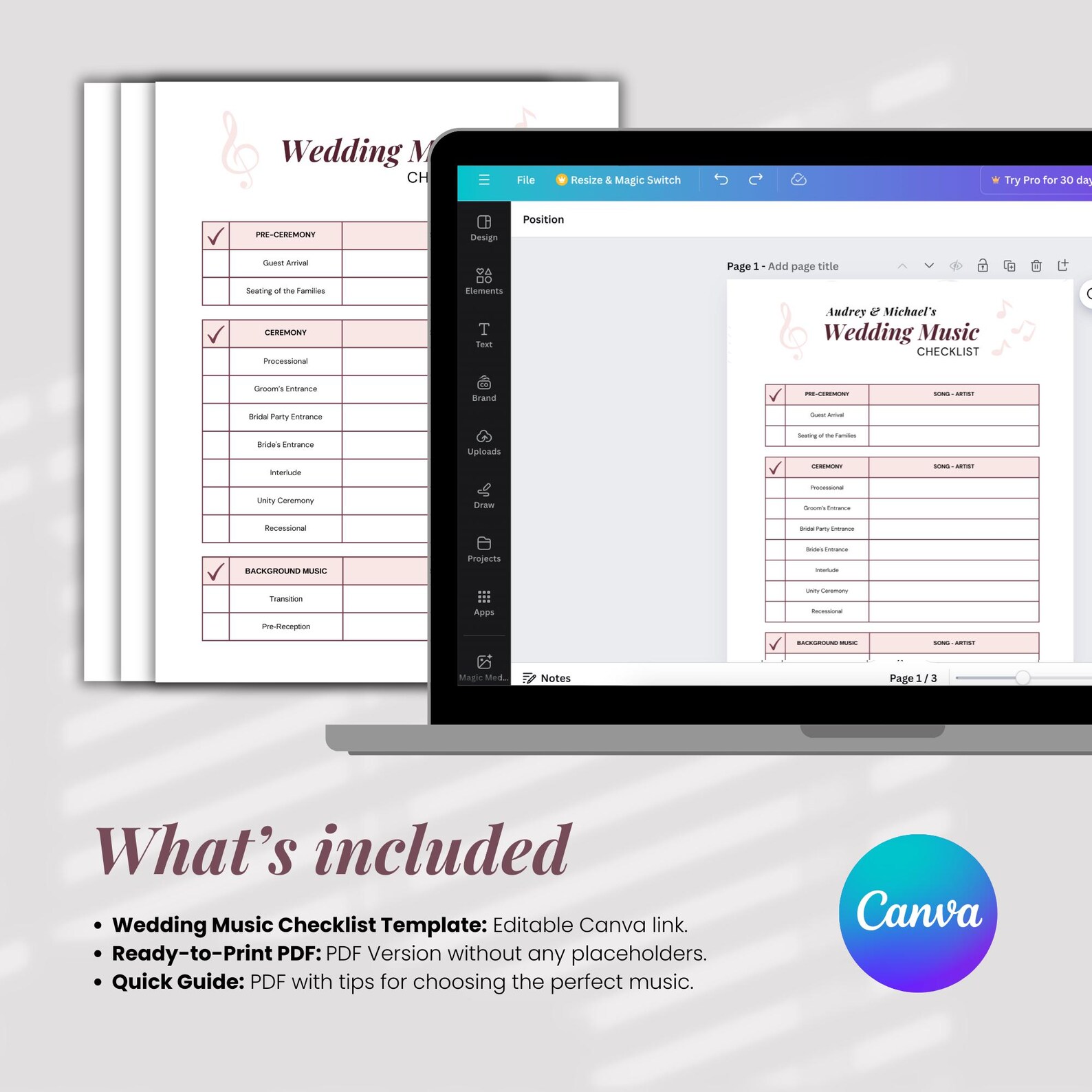 Wedding Music Checklist Template for Wedding Song List Canva Printable ...