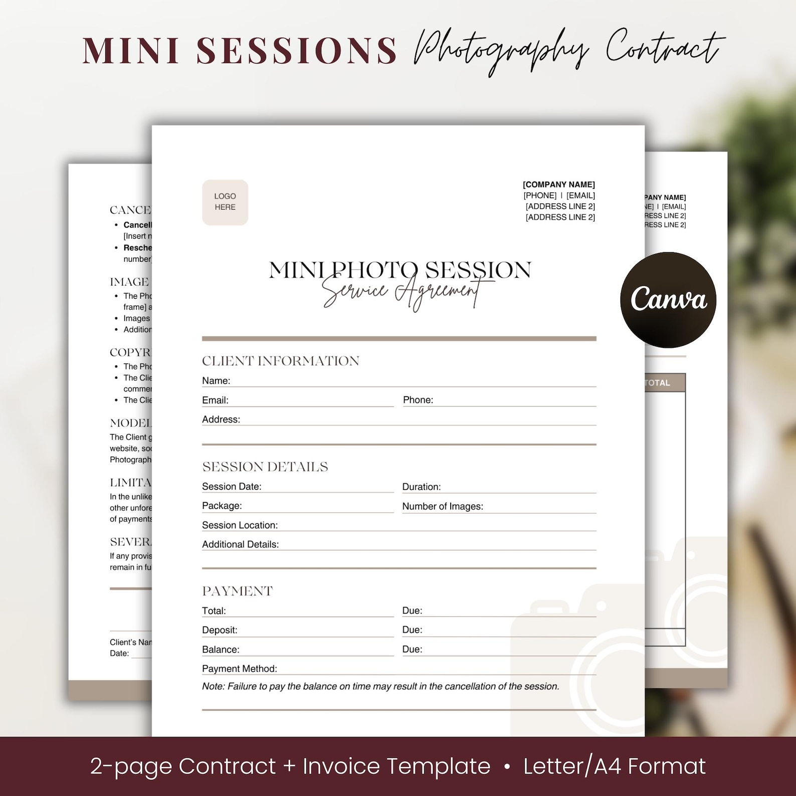 Mini Sessions Contract Template Canva Mini Sessions Photography Client ...