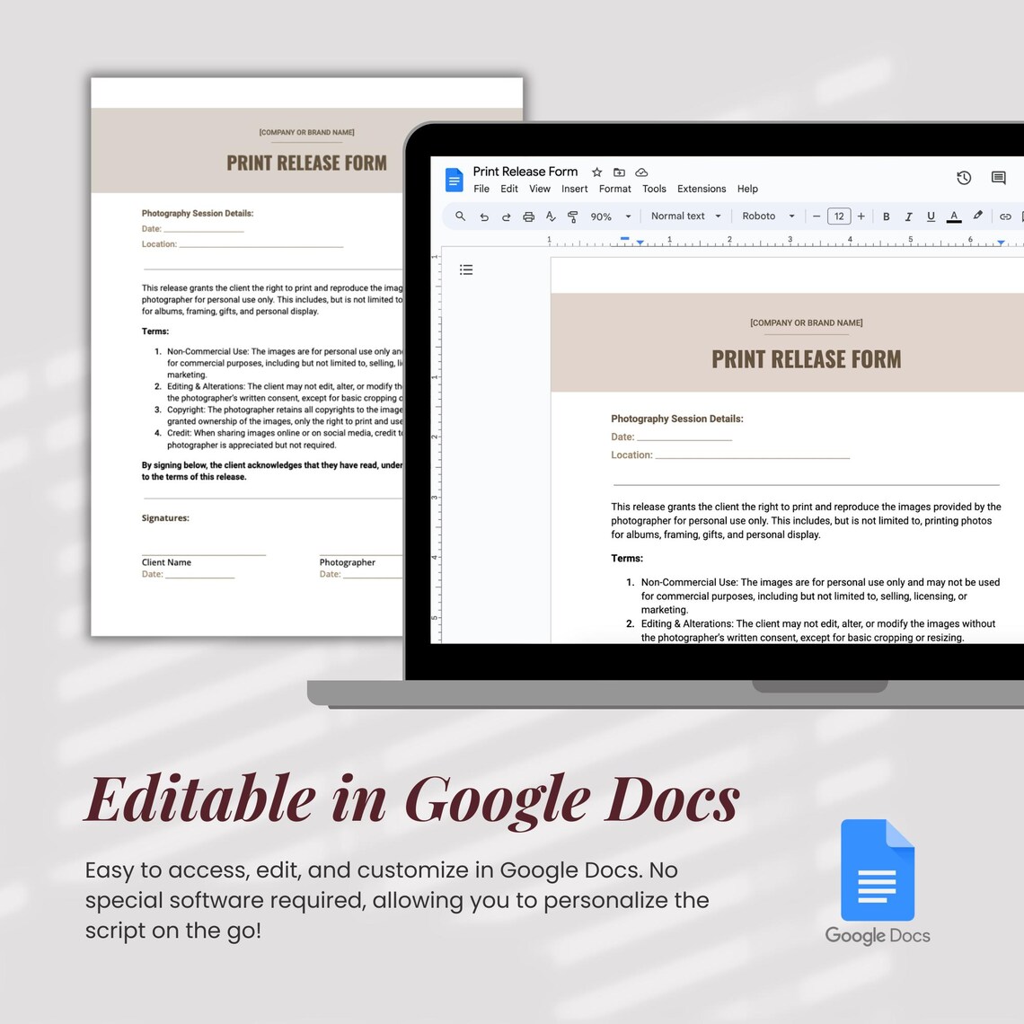 Print Release Form Template Google Docs Photography Contract Editable ...