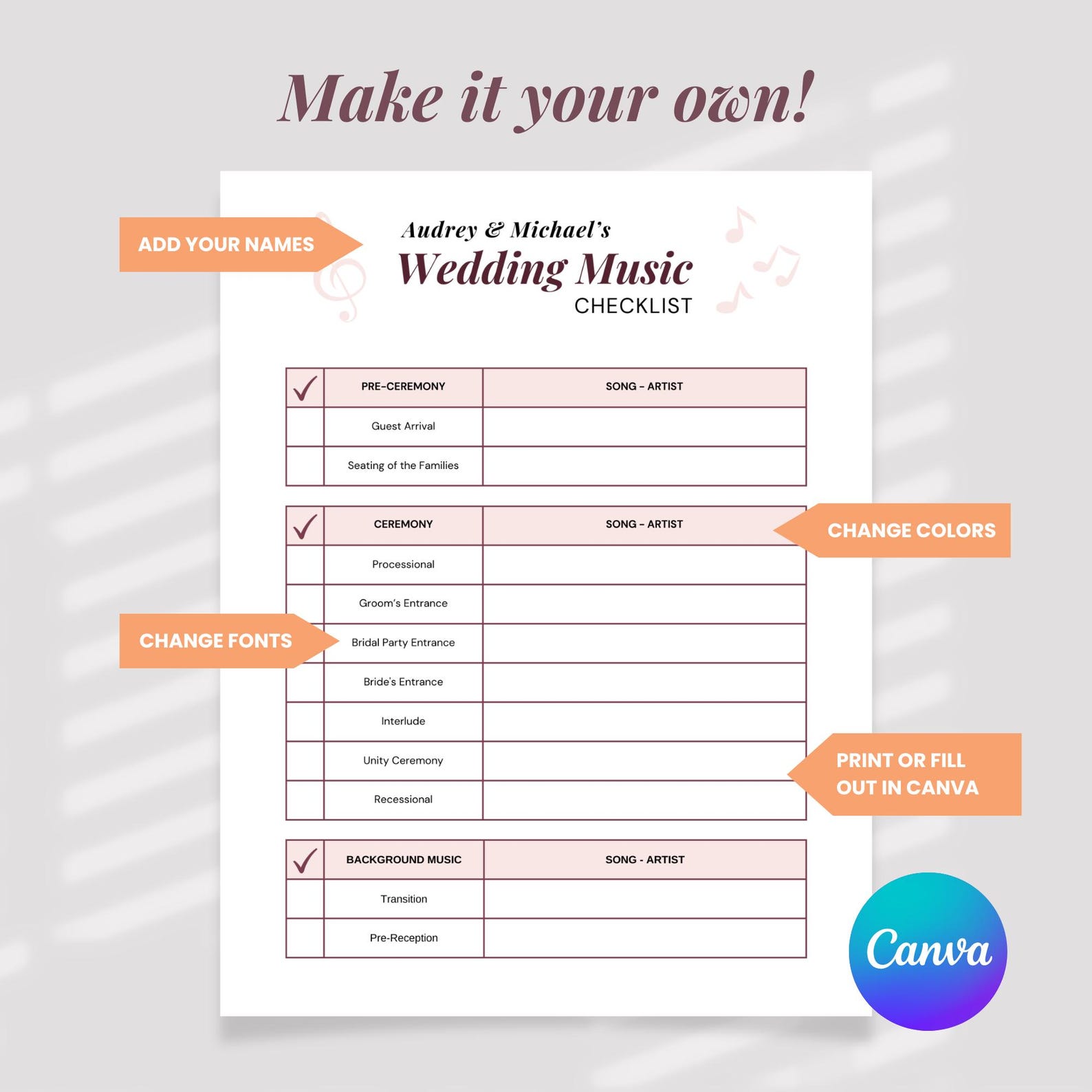 Wedding Music Checklist Template for Wedding Song List Canva Printable ...