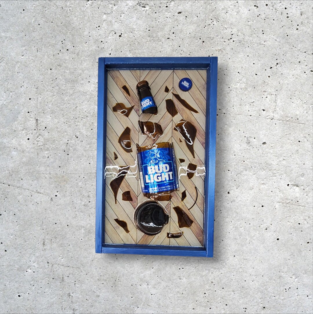 Glass Bottle Smash Art for Kitchen or Bar. Smashed Bottle in Blue Frame ...