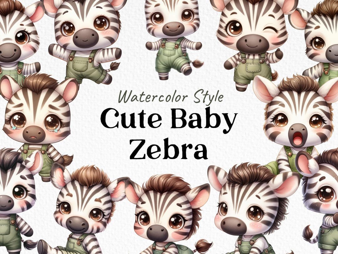 Cute Kawaii Baby Zebra Clipart PNG Set, Watercolor Animal Art (digital ...