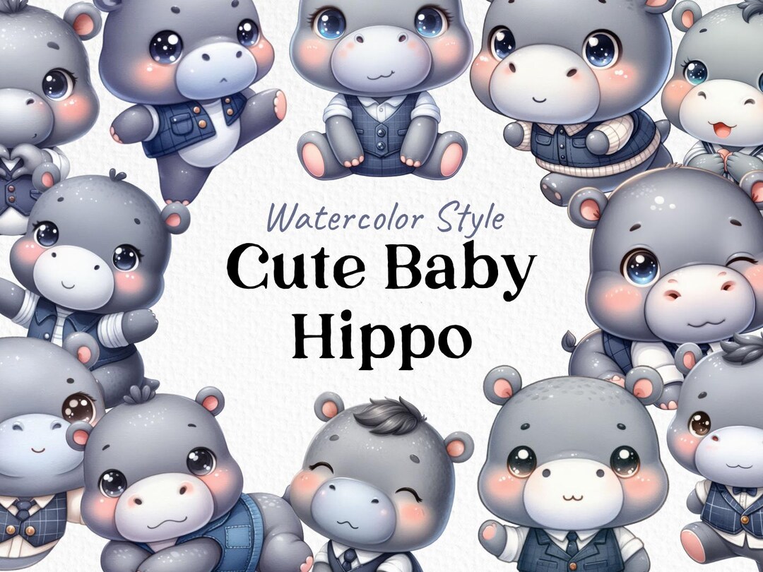 Watercolor Baby Hippo Clipart PNG Bundle, Kawaii Animal Art (digital ...