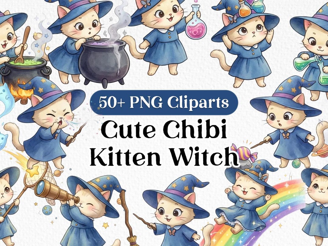 Fantasy Chibi Kitten Witch PNG Clipart Bundle, 50+ Cute Magical Blue ...