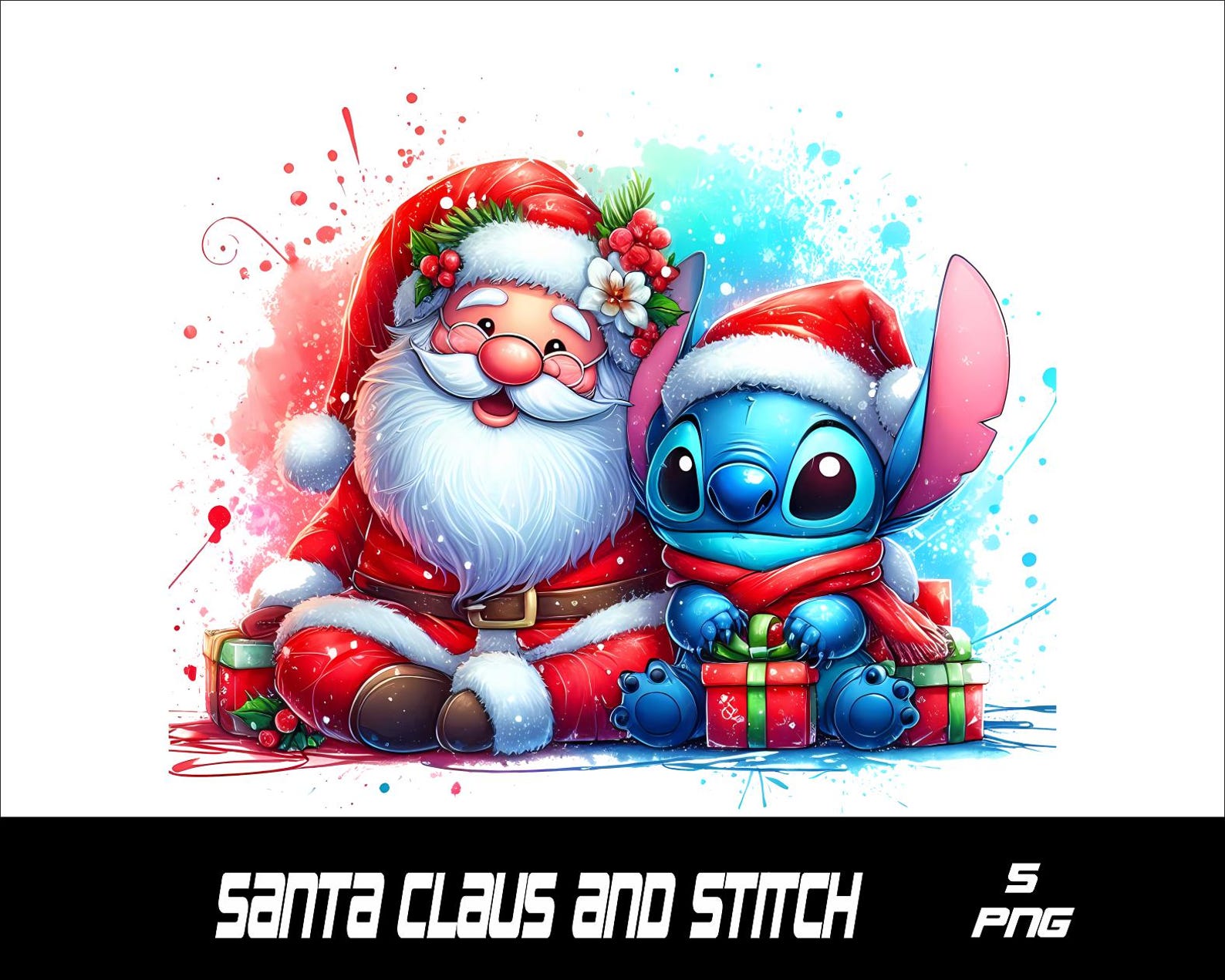 5 PNG Santa Claus and Stitch Png Chirstmas Stitch Splash and Watercolor ...