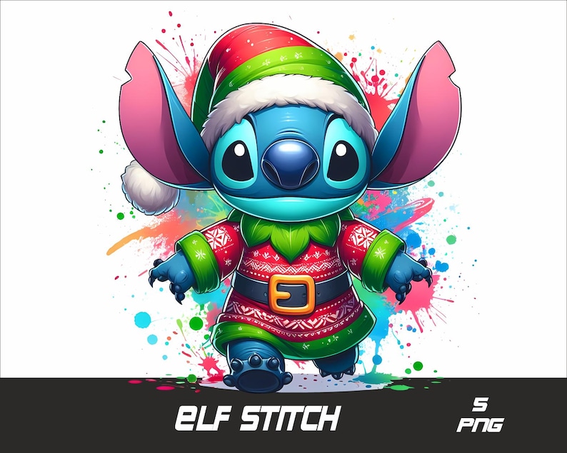 5 PNG Christmas Elf Stitch Png Stitch Splash and Watercolor Png ...