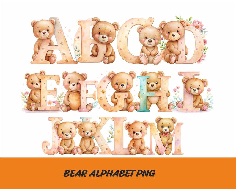 Tedy Bear Alphabet Png Font Baby Bear Letters Png Watercolor Tedy Font ...