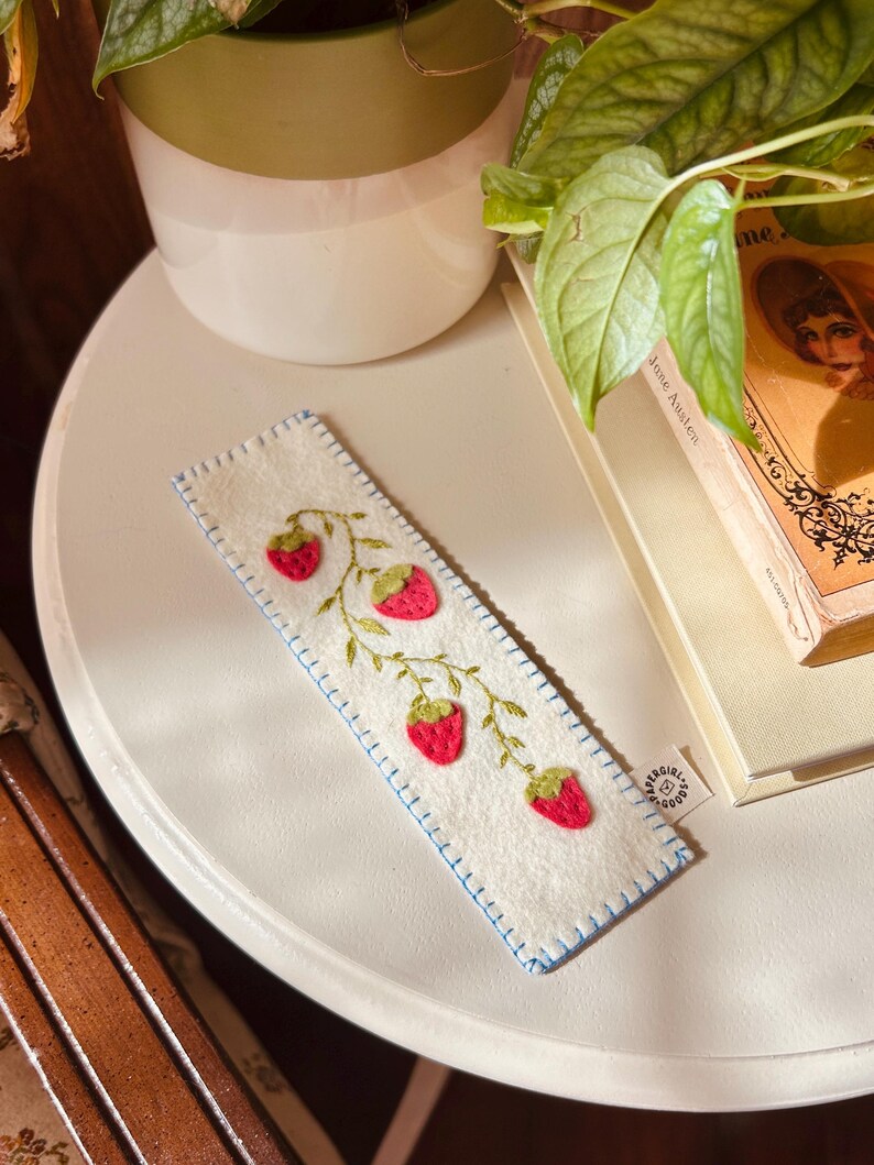 Strawberry and Vine Felt Embroidery Bookmark, Hand Stitched Bookmark ...