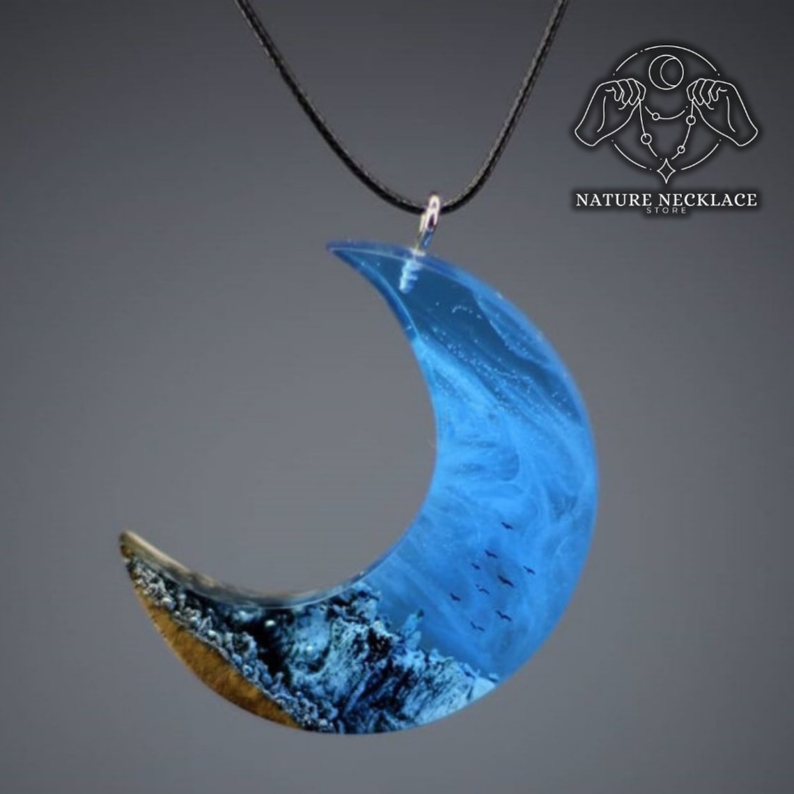 Half Moon Nature Inspired Resin Wooden Necklace Beautiful Scene ...