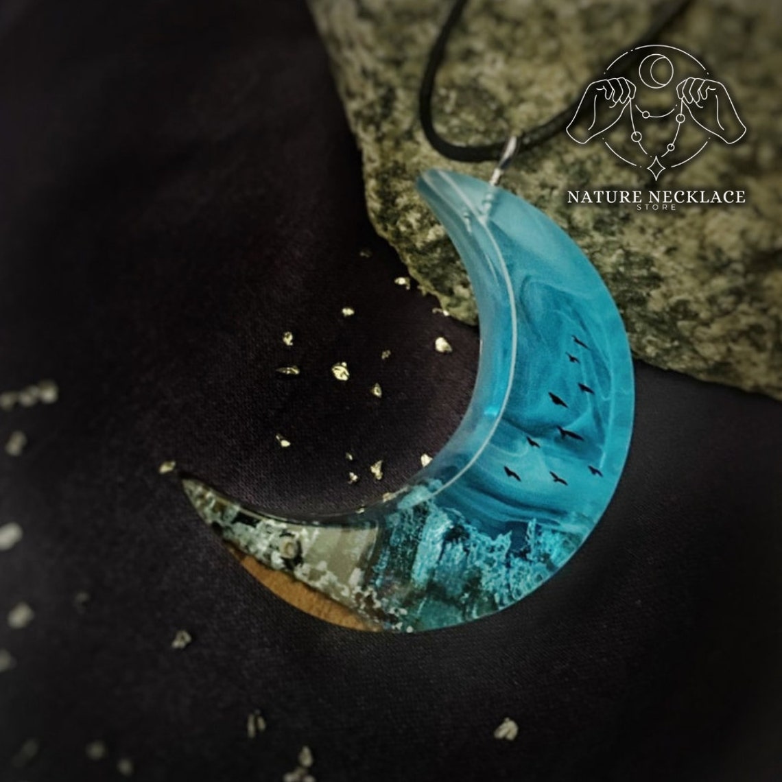Half Moon Nature Inspired Resin Wooden Necklace Beautiful Scene ...