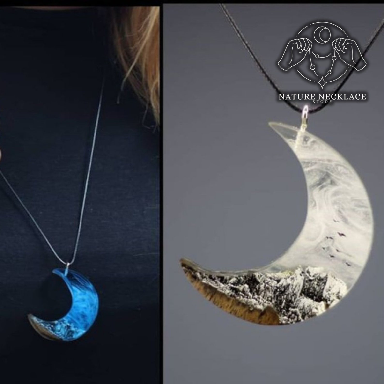 Half Moon Nature Inspired Resin Wooden Necklace Beautiful Scene ...