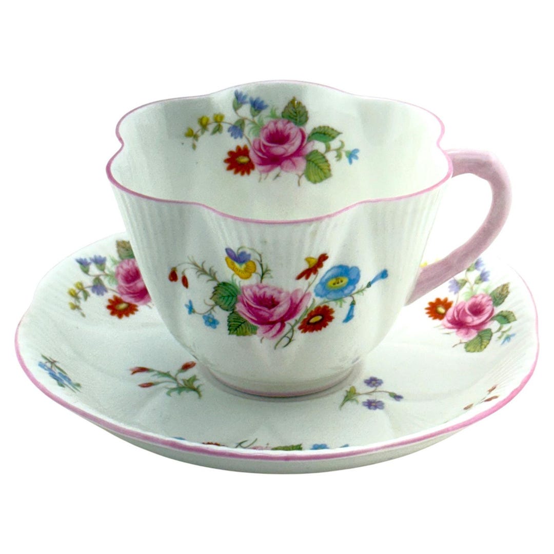 Shelley Rose & Red Daisy Cup and Saucer Bone China Pink Trim Made in ...