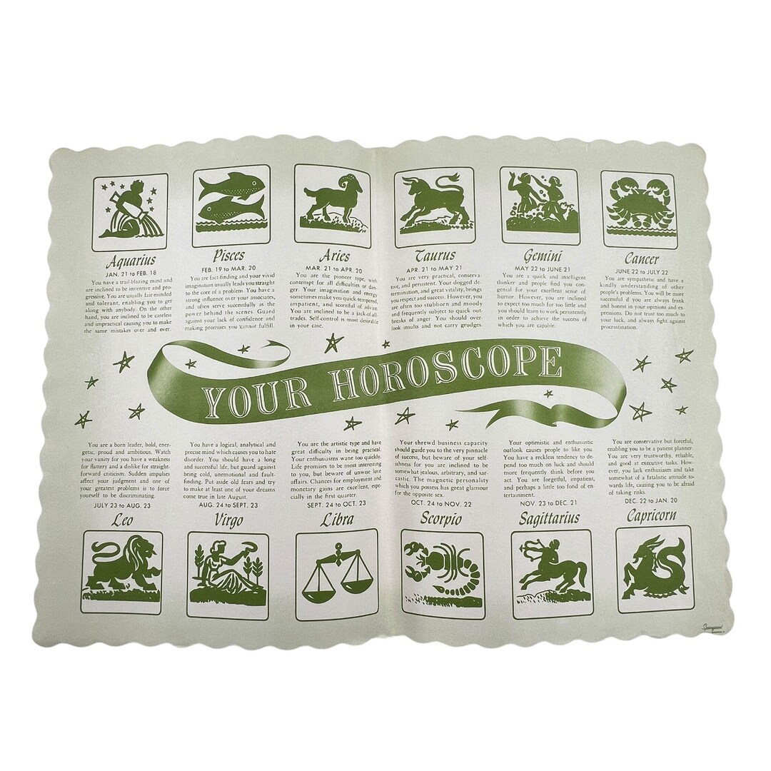 Your Horoscope Paper Placemat 1960s 70s Vintage Restaurant Collectibles ...