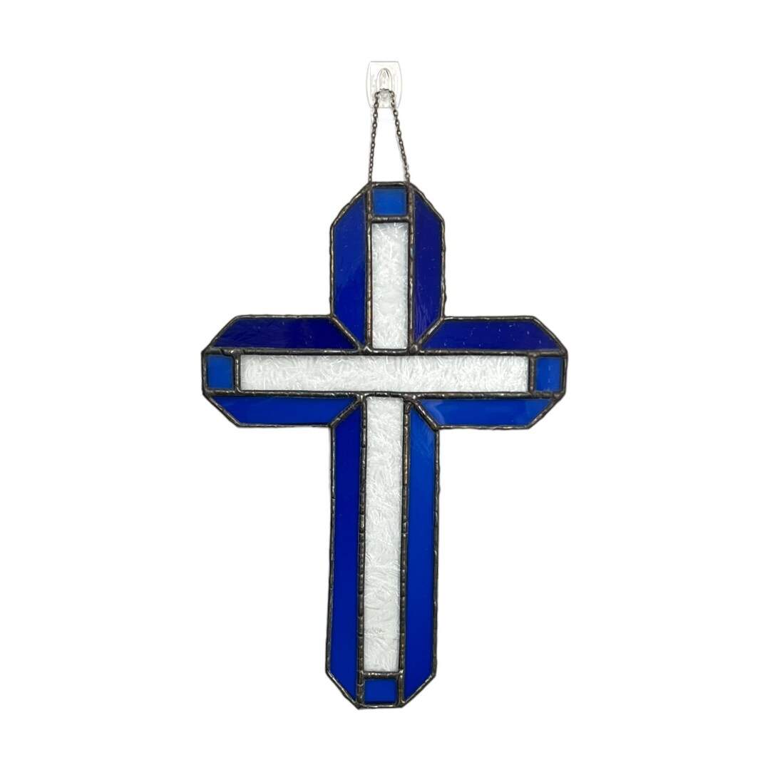 Stained Glass Cross Blue and Clear Textured Leaded 13 Window Sun ...