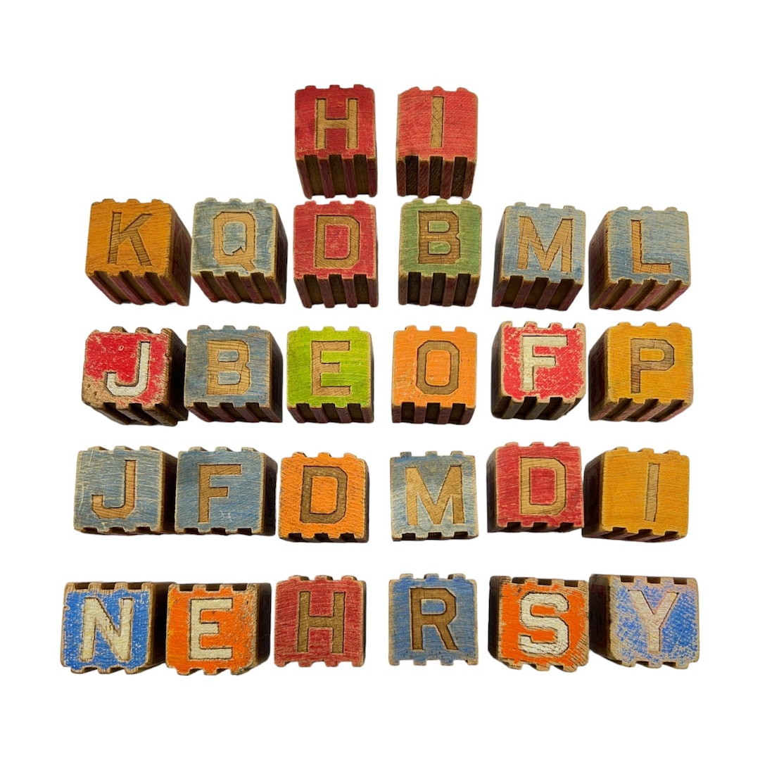 Vintage Wood Alphabet Blocks Painted Grooved Illustrations Set of 26 ...