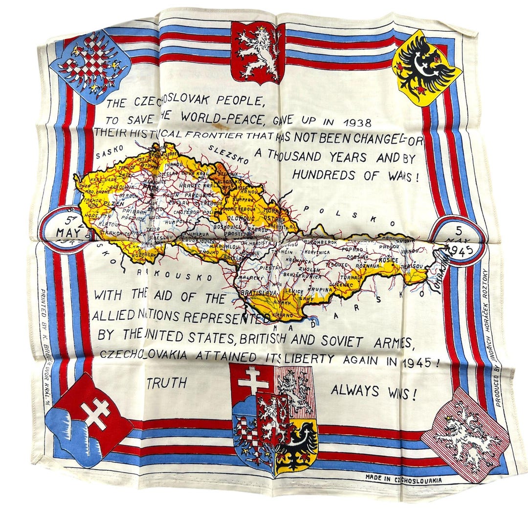 WWII Czechoslovakia Souvenir Textile Map 1945 Allies Liberation Day May ...