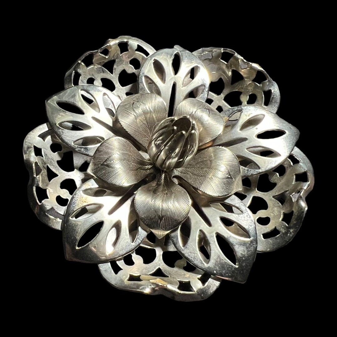 3D Flower Brooch Pin Filigree Design Vintage Large Silver Tone Metal ...