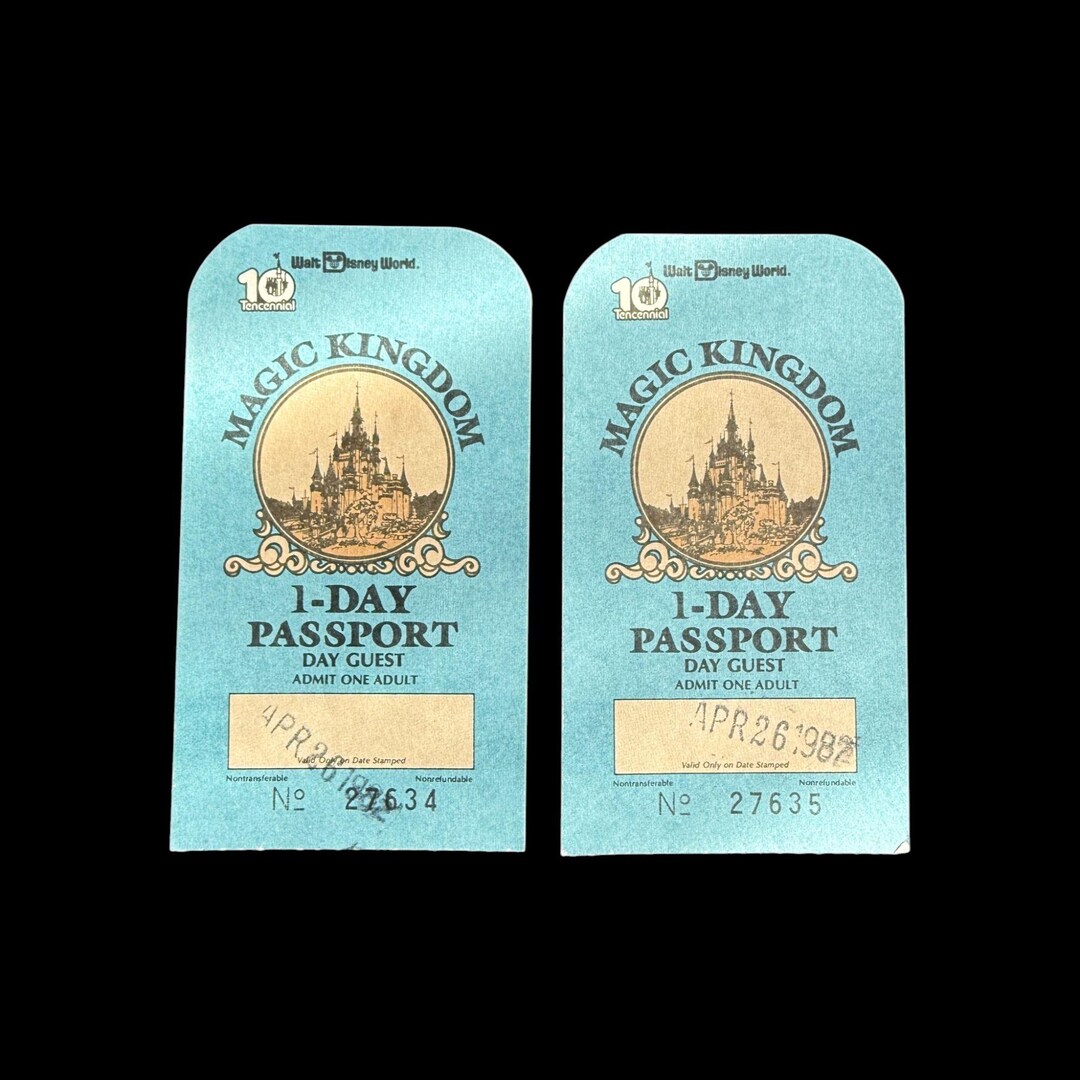 1982 Walt Disney World Tencennial 1 Day Passport (2) Magic Kingdom Day ...