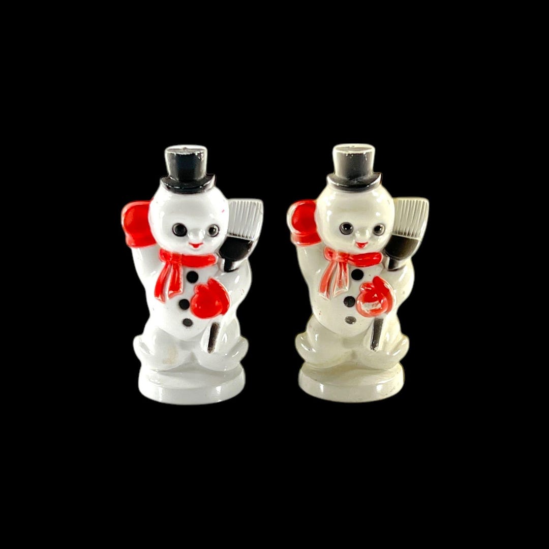Vintage Hard Plastic Snowman Figures Waving With Broom 2 Mid Century ...