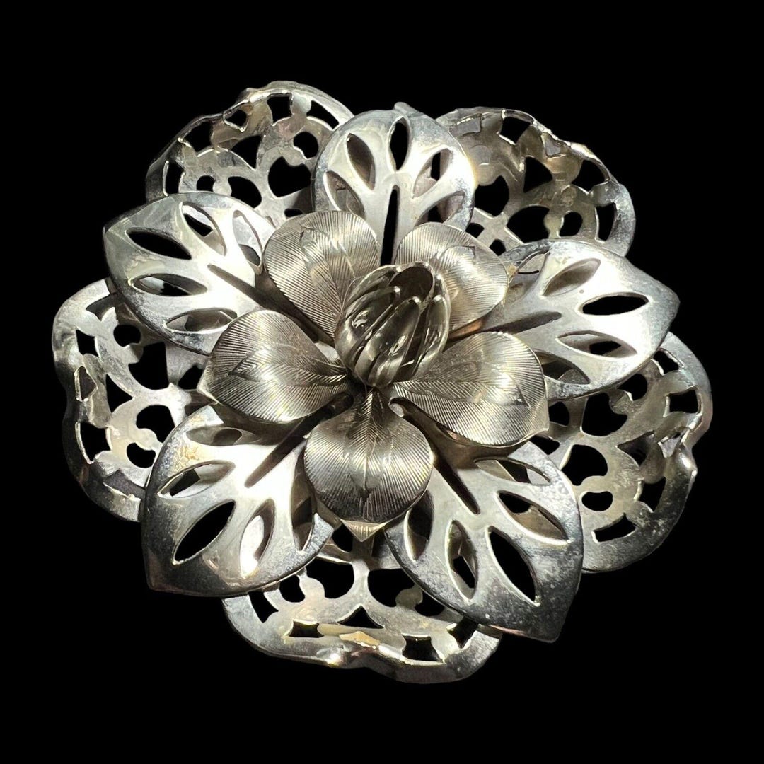 Vintage Metal Flower Brooch Pin Cut Outs 3D Filigree Design Large ...