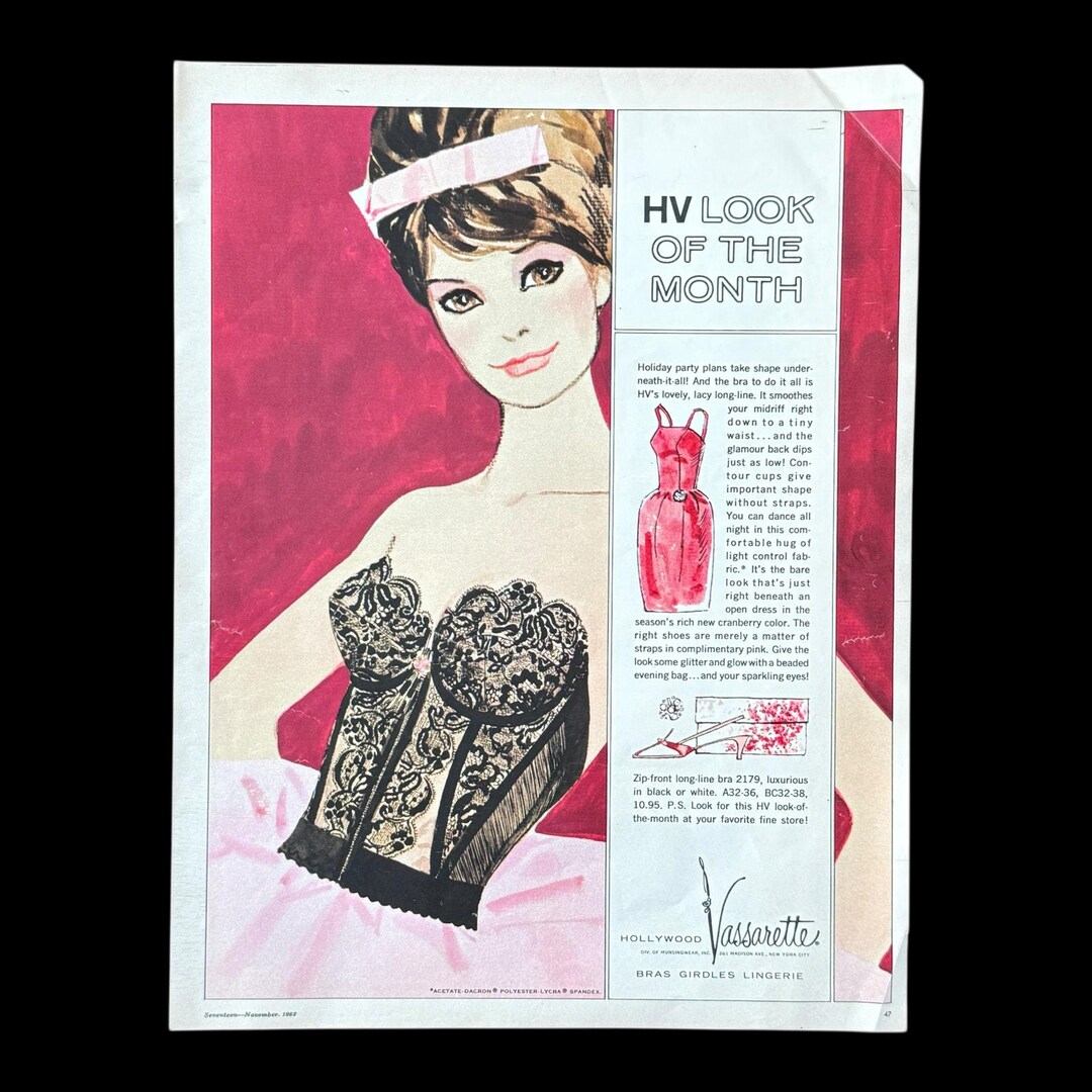 1963 Vassarette Long Line Strapless Black Lace Bra Vintage Paper Print ...