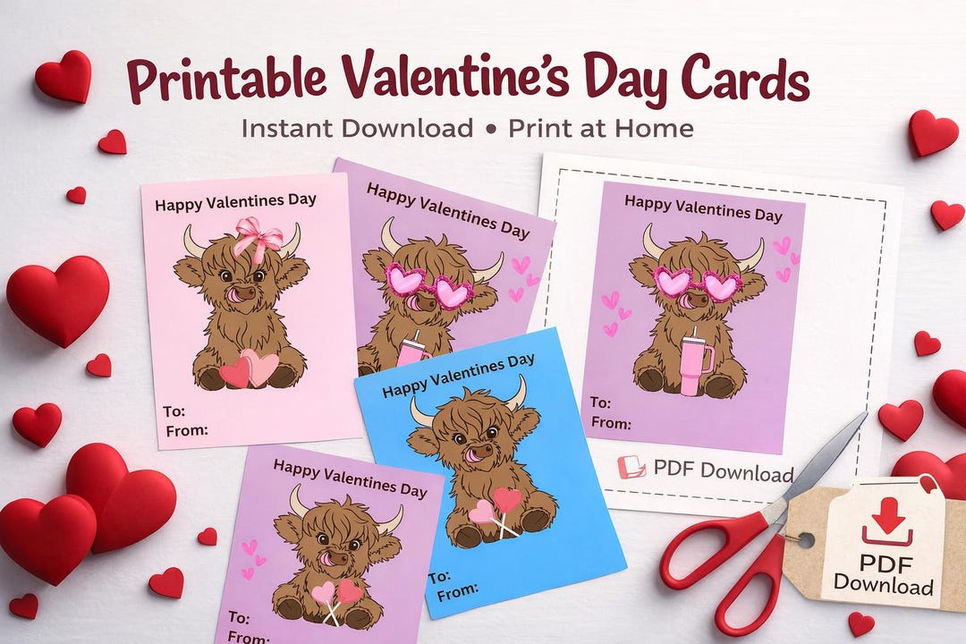 Printable Valentine Cards for Kids | Highland Cow (PDF Download - Etsy