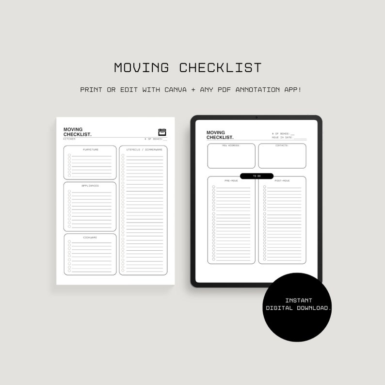Minimalist Editable Moving Checklist - Relocation Planner, Digital ...